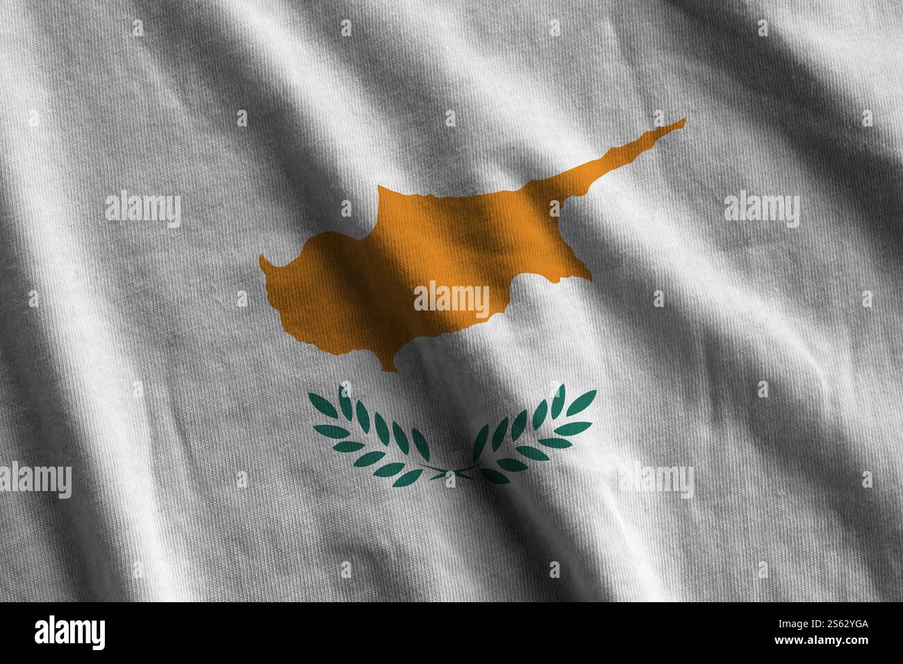 Cyprus flag with big folds waving close up under the studio light ...