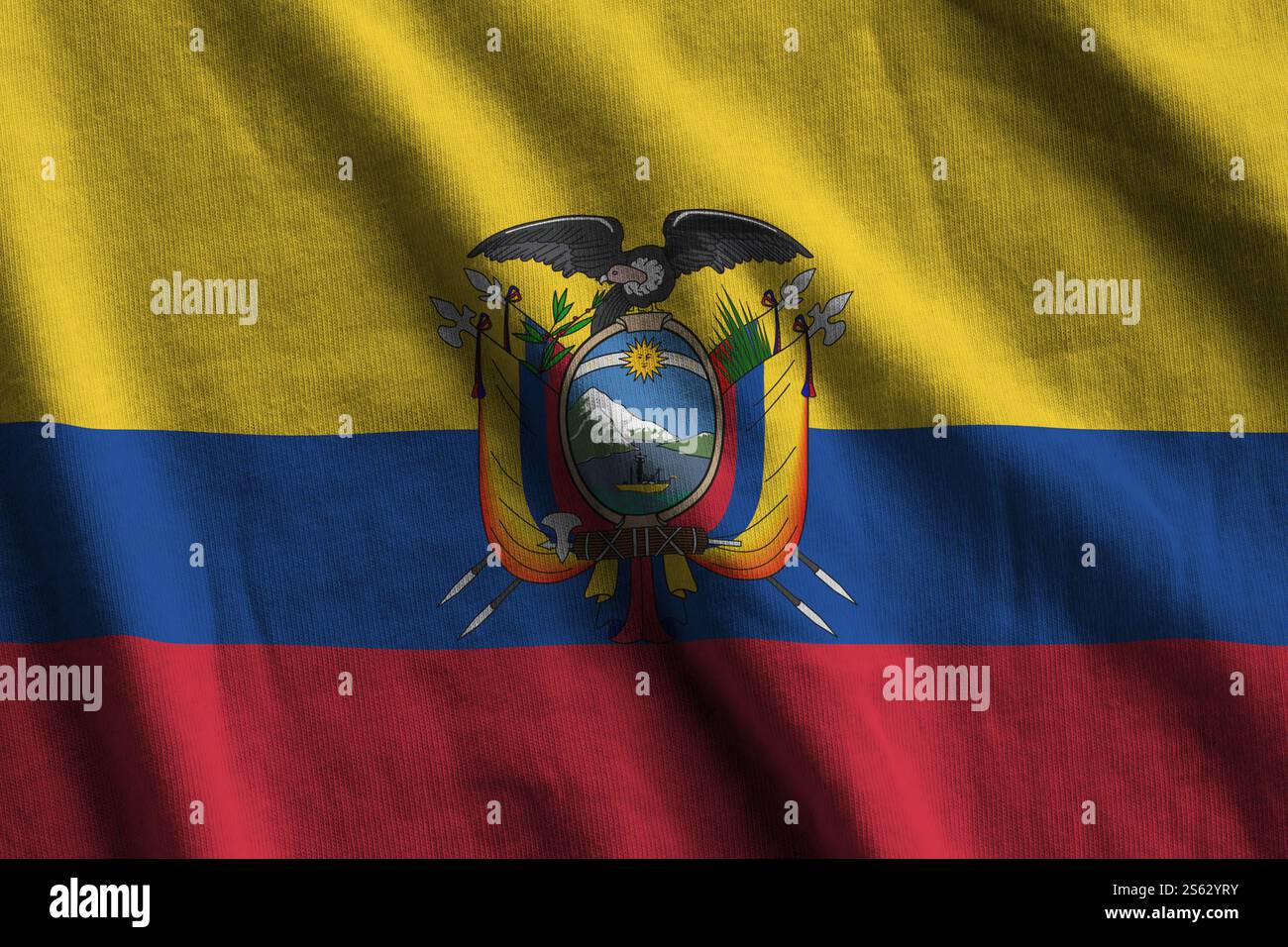 Ecuador flag with big folds waving close up under the studio light ...