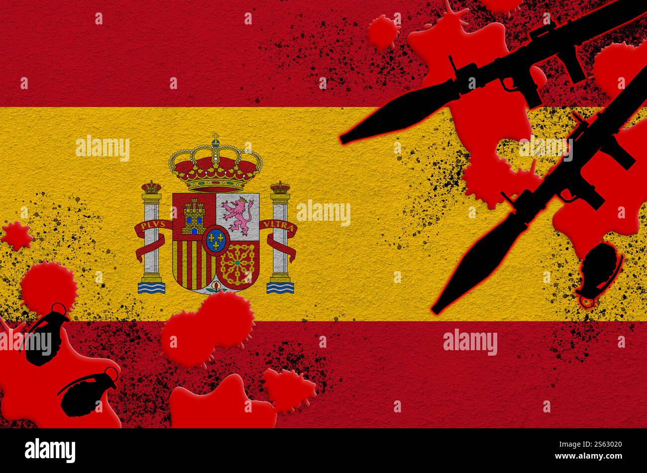 Spain flag and rocket launchers with grenades in blood. Concept for ...