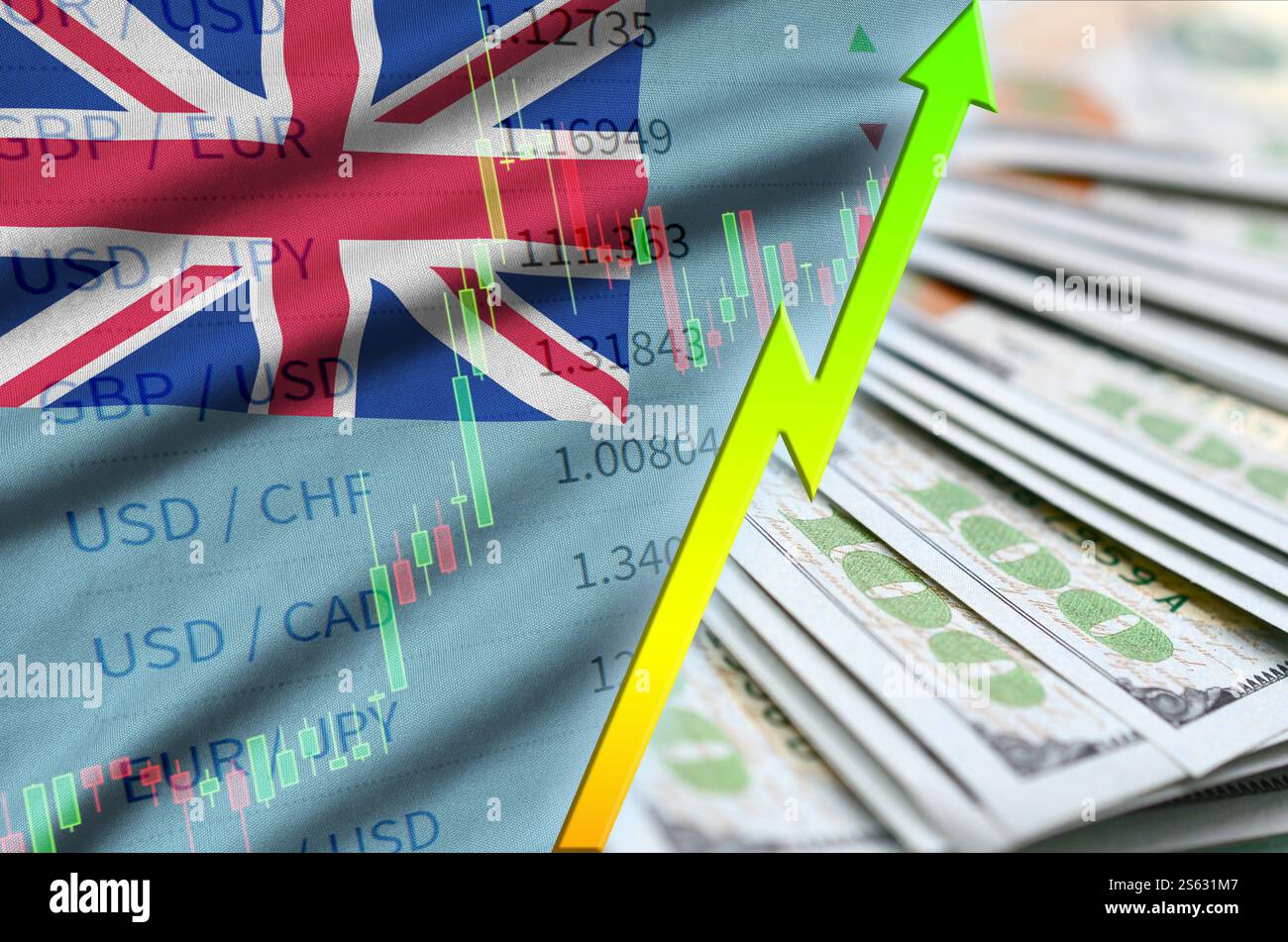 Fiji flag and chart growing US dollar position with a fan of dollar ...