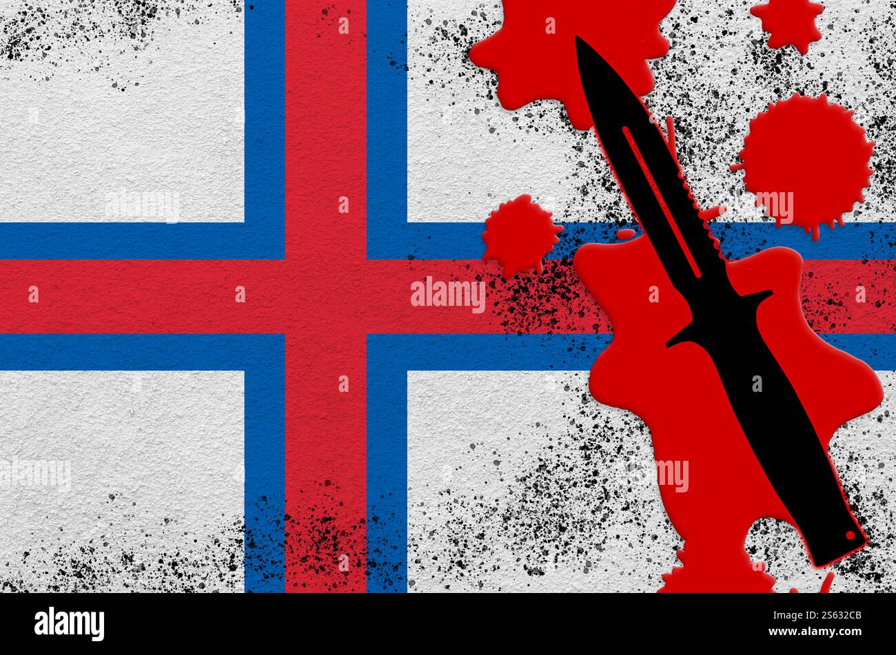 Faroe islands flag and black tactical knife in red blood. Concept for ...