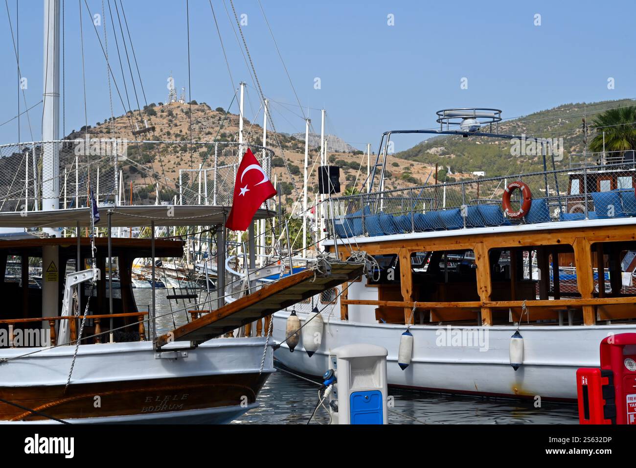 Gulet, traditional boats in Turkey, observed from a main promenade in ...