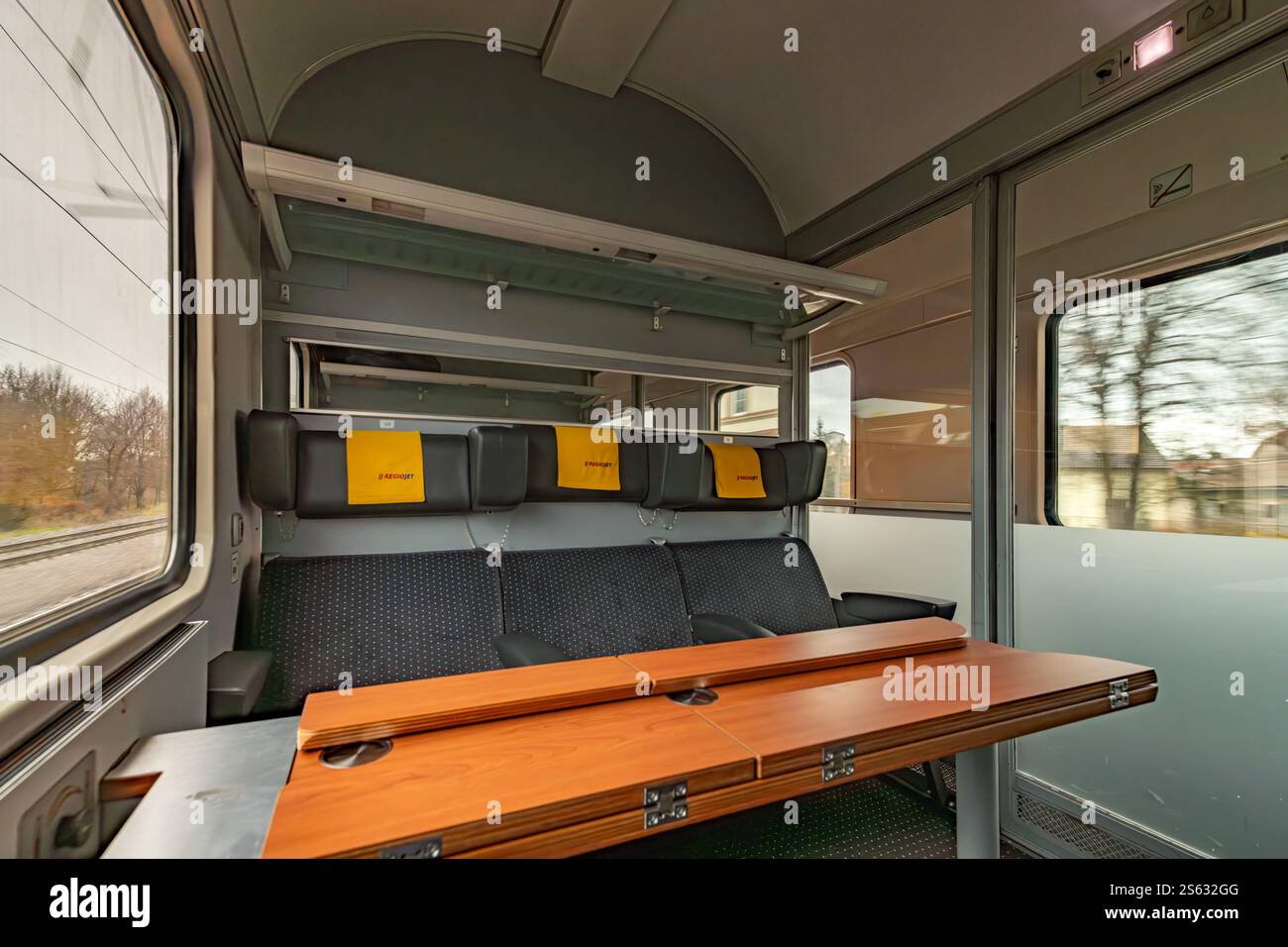 Interior of compartment of fast passenger train from Kolin to Usti nad ...