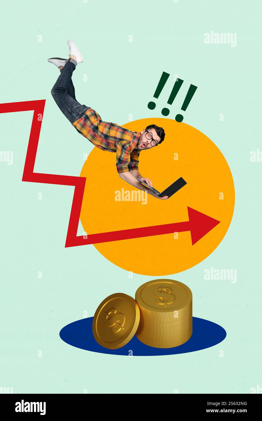 Template collage design trend artwork sketch of young man fly work ...