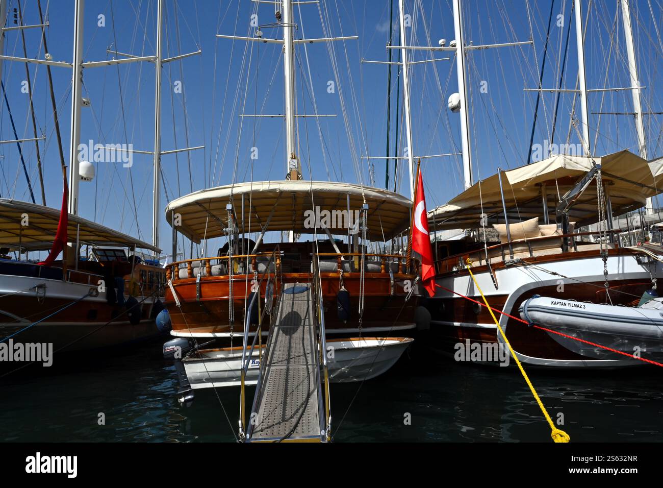 Entrance catwalk to gulet, traditional boats in Turkey, observed from a ...