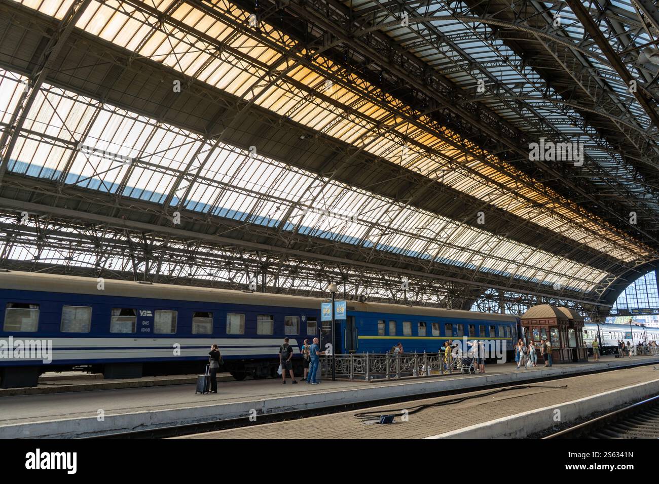 The Ukrzaliznytsia carriage train arrives at the station. Railway ...