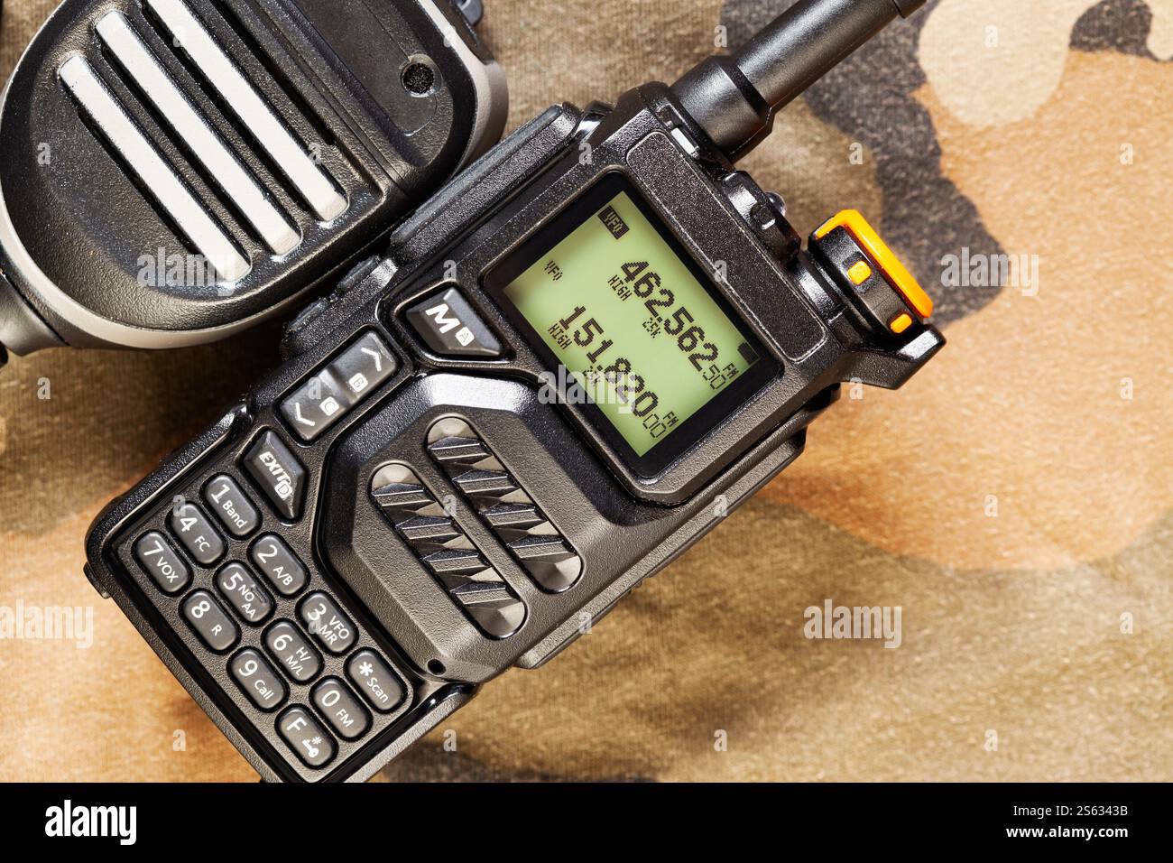 Dual-band VHF UHF two-way radio with microphone on green camouflage ...