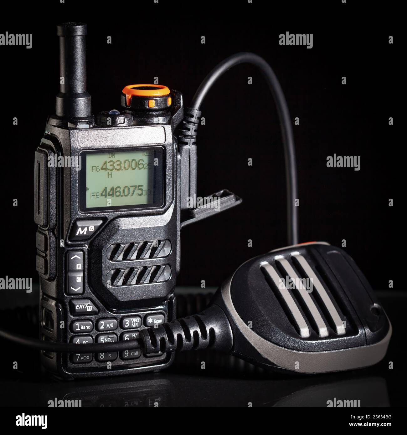 Portable two-way radio with short UHF antenna and microphone on the ...