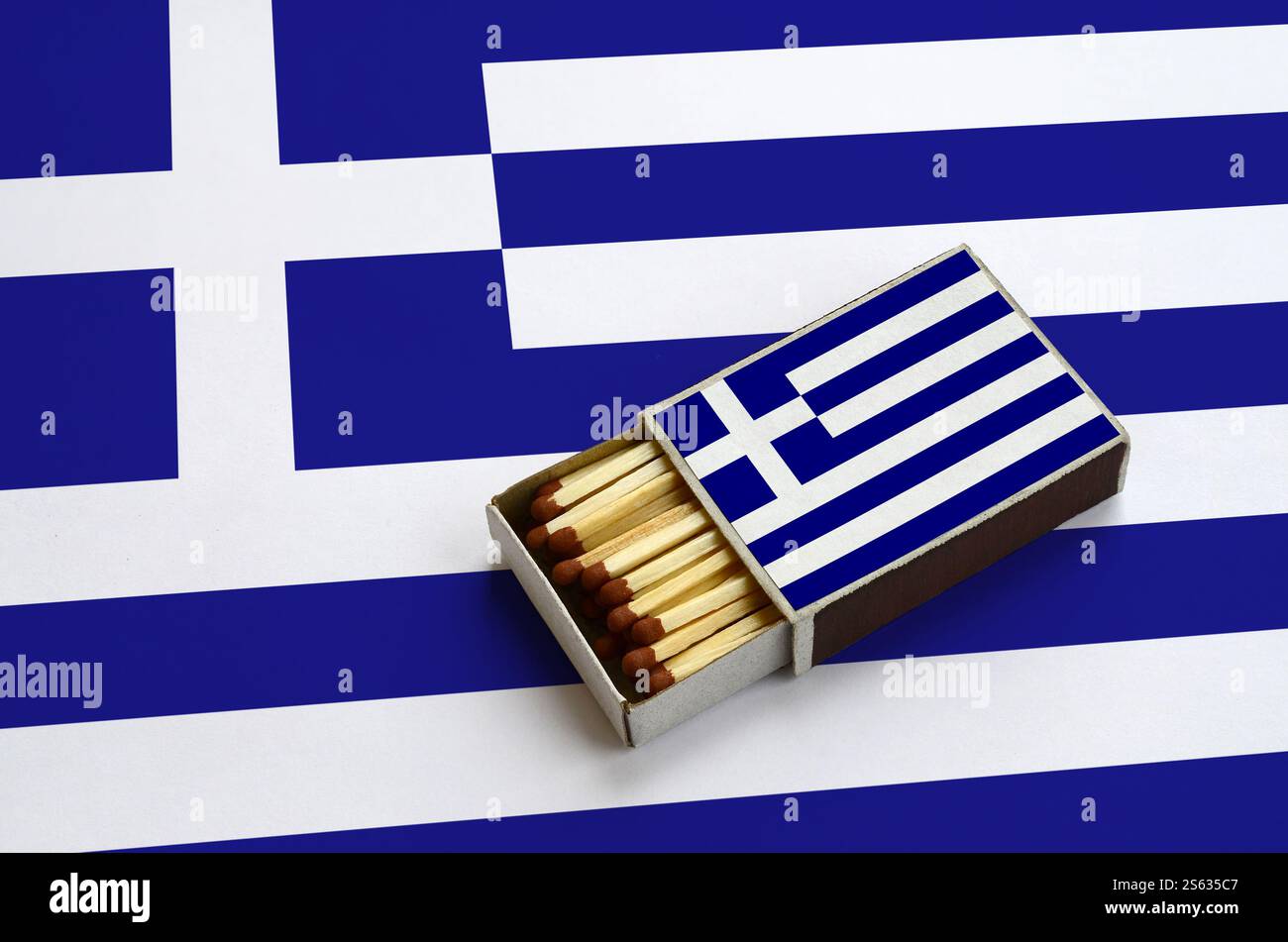 Greece flag is shown in an open matchbox, which is filled with matches ...