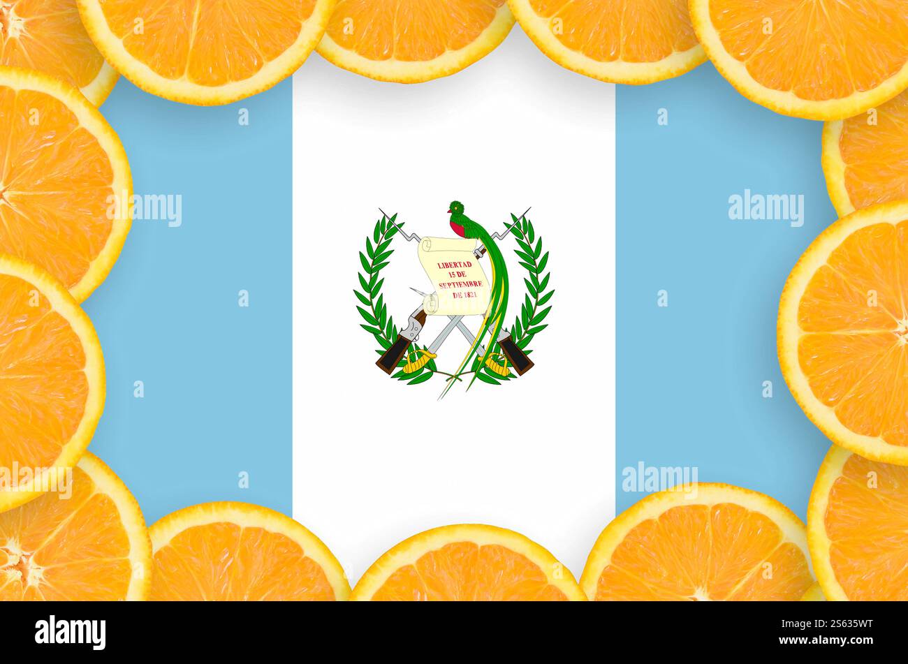 Guatemala flag in frame of orange citrus fruit slices. Concept of ...