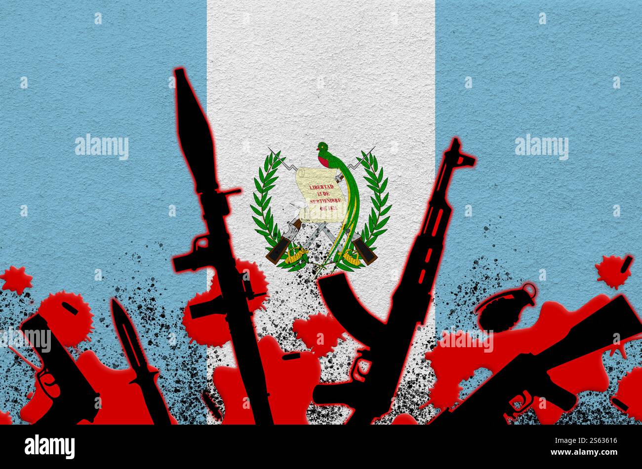 Guatemala flag and various weapons in red blood. Concept for terror ...