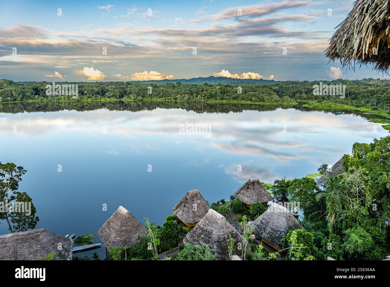 View from above of Anangu Lake and Amazon rainforest jungle at dusk ...