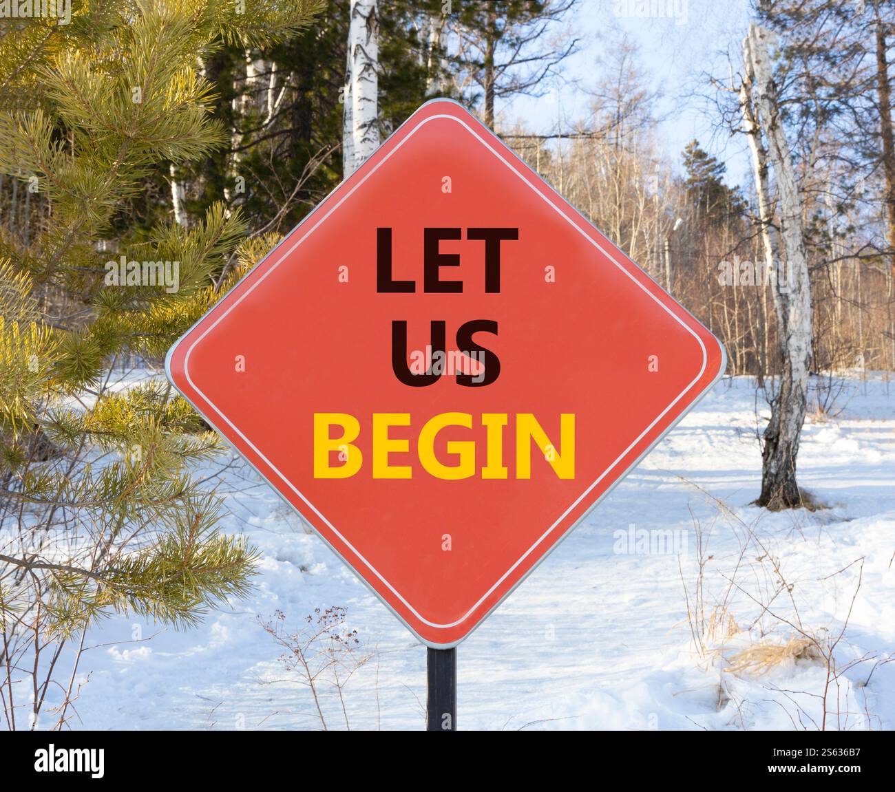 Let us begin symbol. Concept words Let us begin on beautiful red road ...