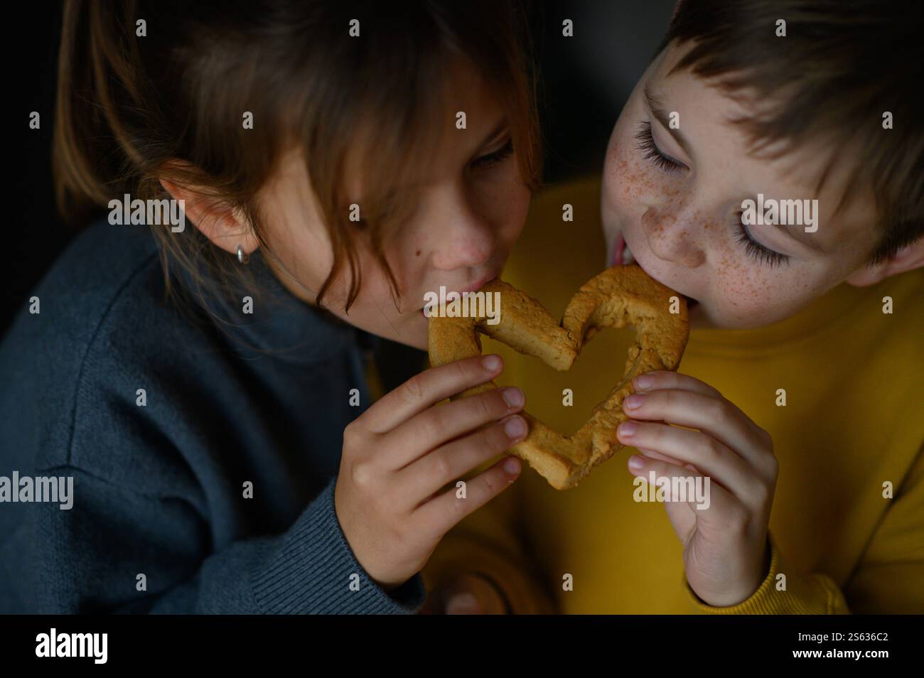 A boy and a girl are playfully biting a heart-shaped cookie from ...