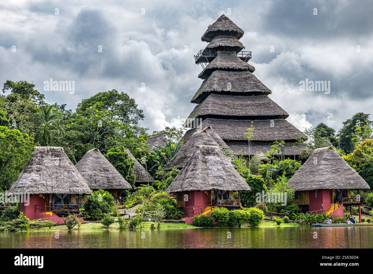 Thatched lakeside tourist accommodation holiday cabins and observation ...