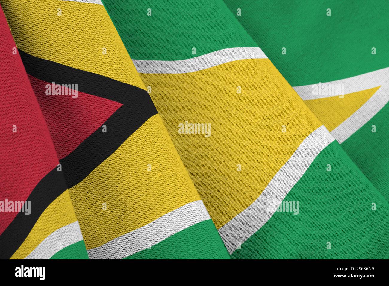 Guyana flag with big folds waving close up under the studio light indoors. The official symbols ...