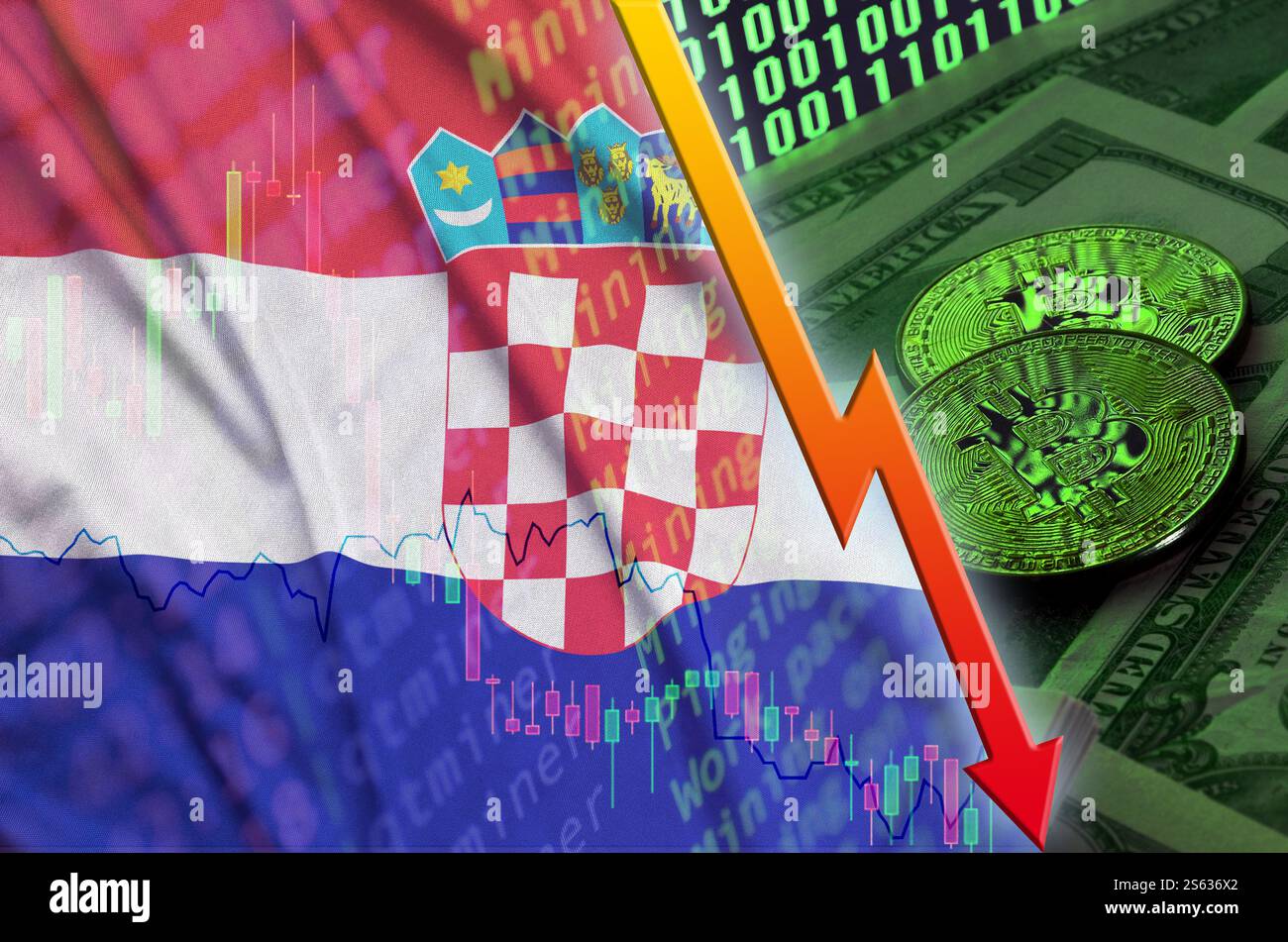 Croatia flag and cryptocurrency falling trend with two bitcoins on ...