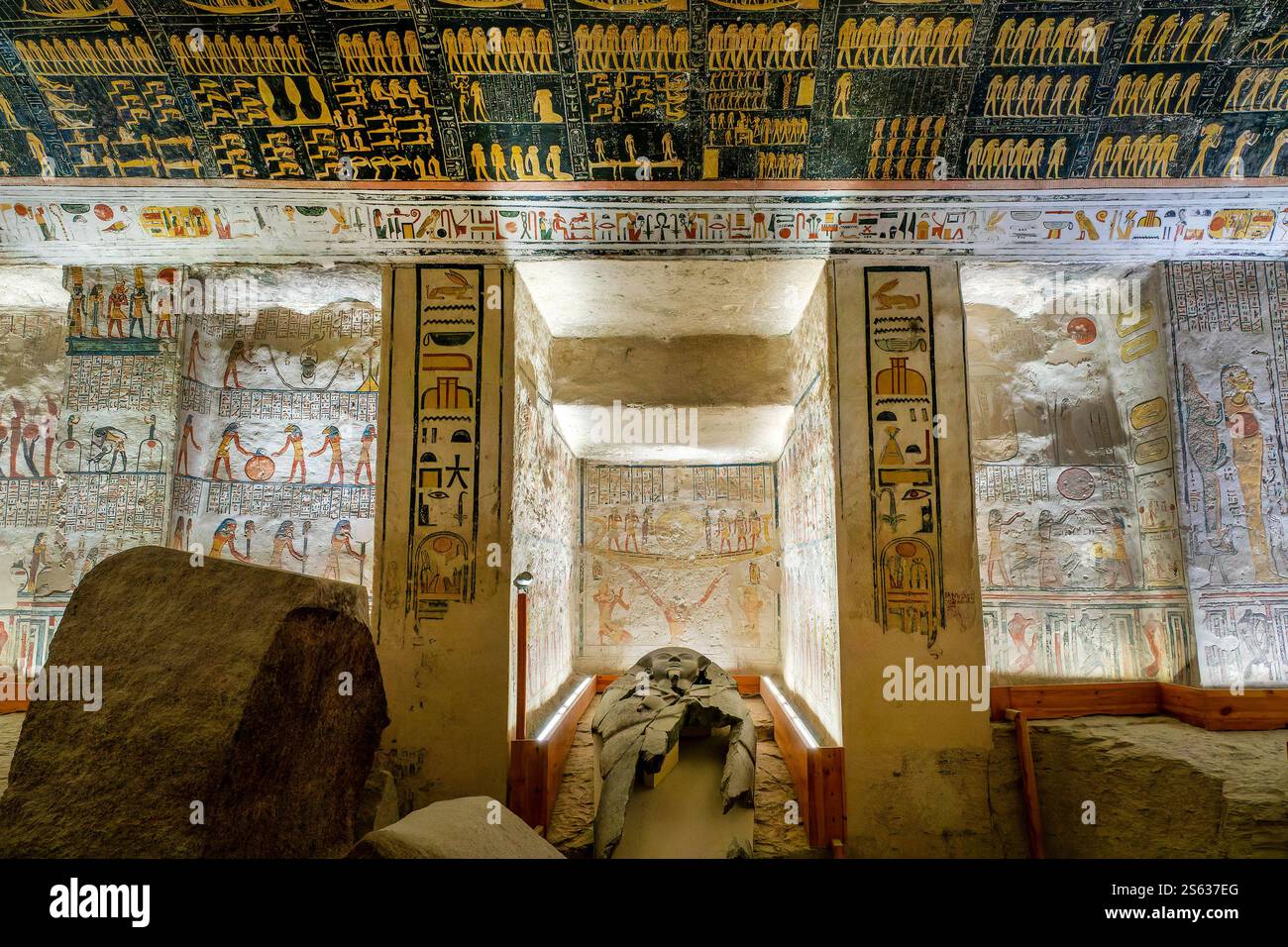 Sarcophagus and painted room in Ramses V and VI (Rameses V and VI) tomb ...