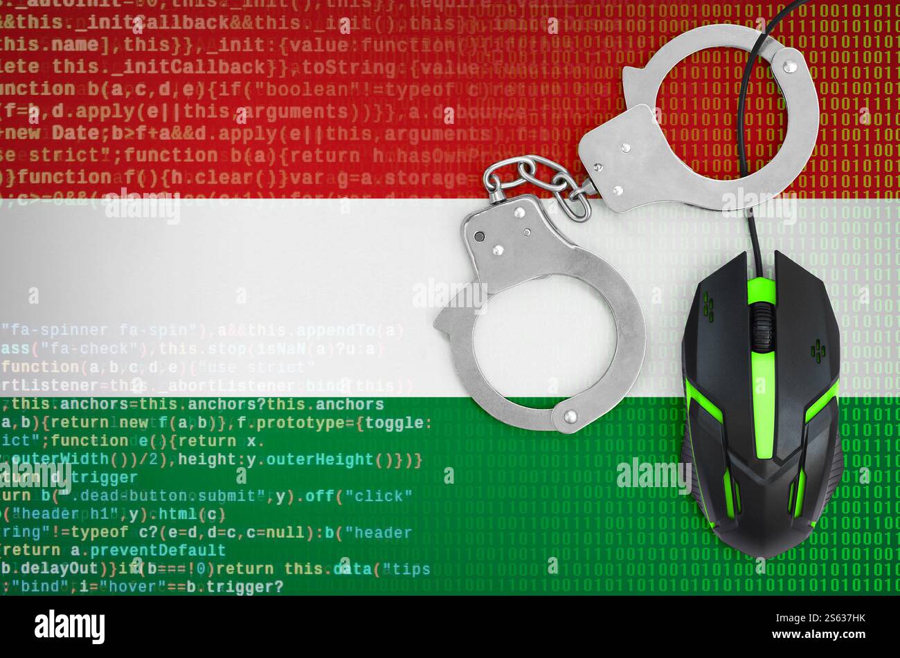 Hungary flag and handcuffed modern backlit computer mouse. Creative ...