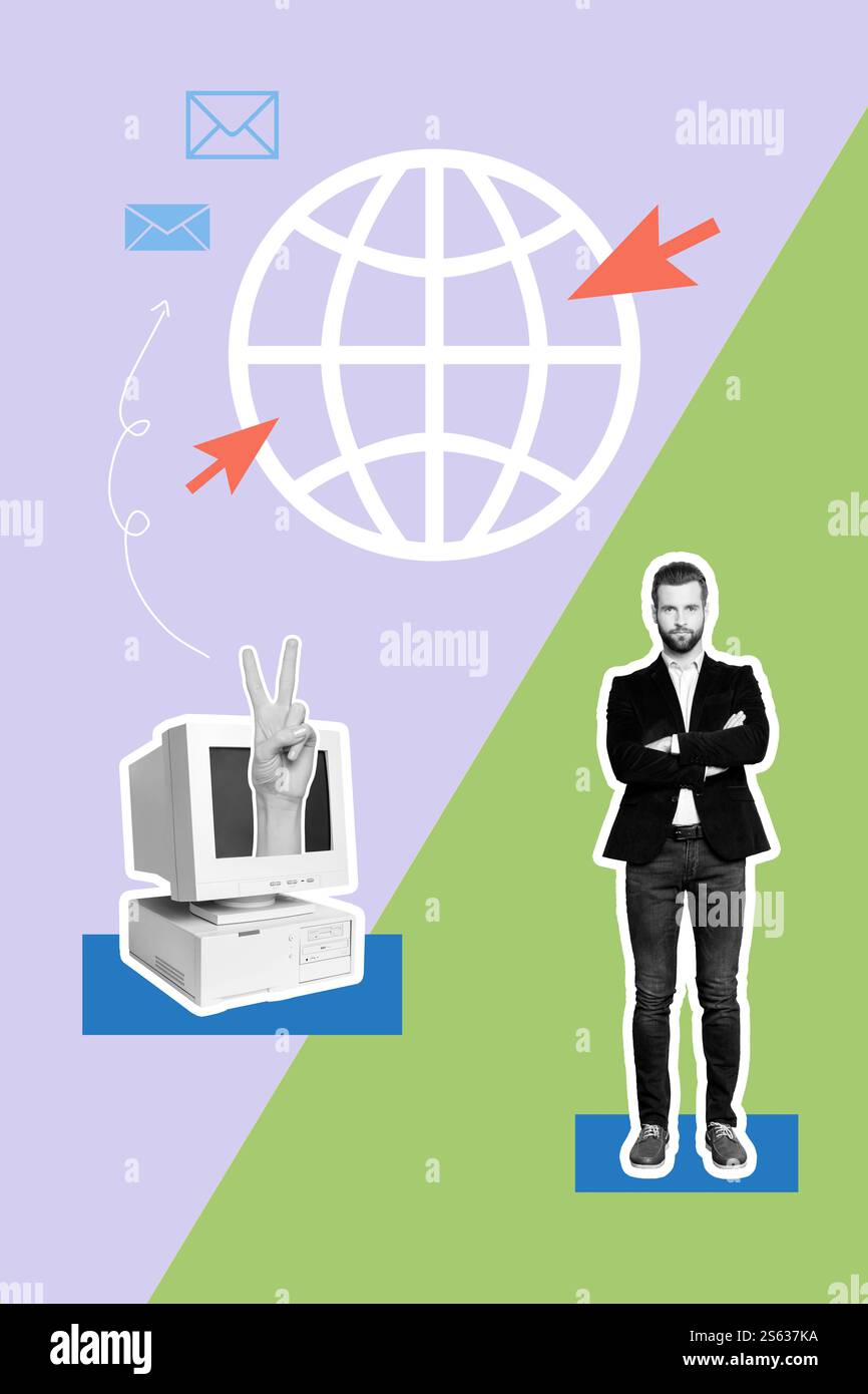 Banner art creative trend collage of serious man wear formal suit globe ...