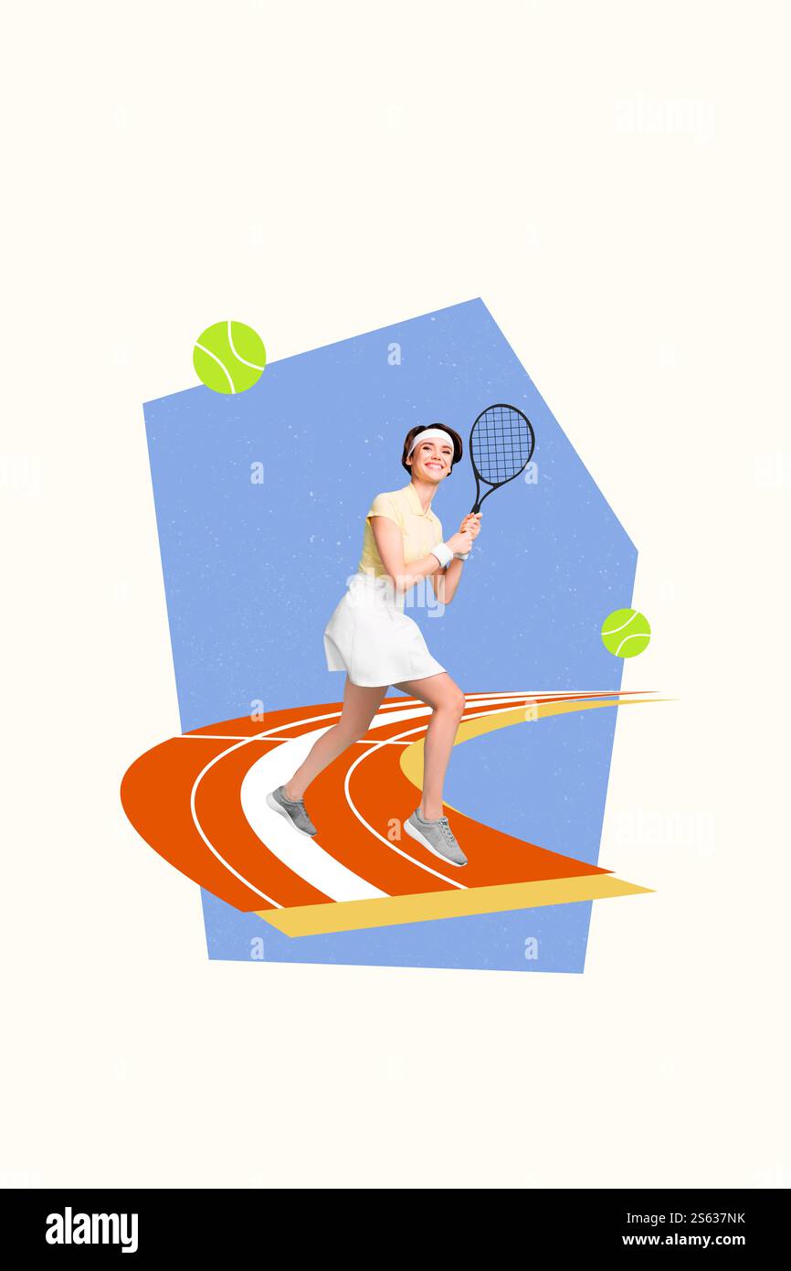 Exclusive image vertical photo collage of happy sportswoman ball push ...