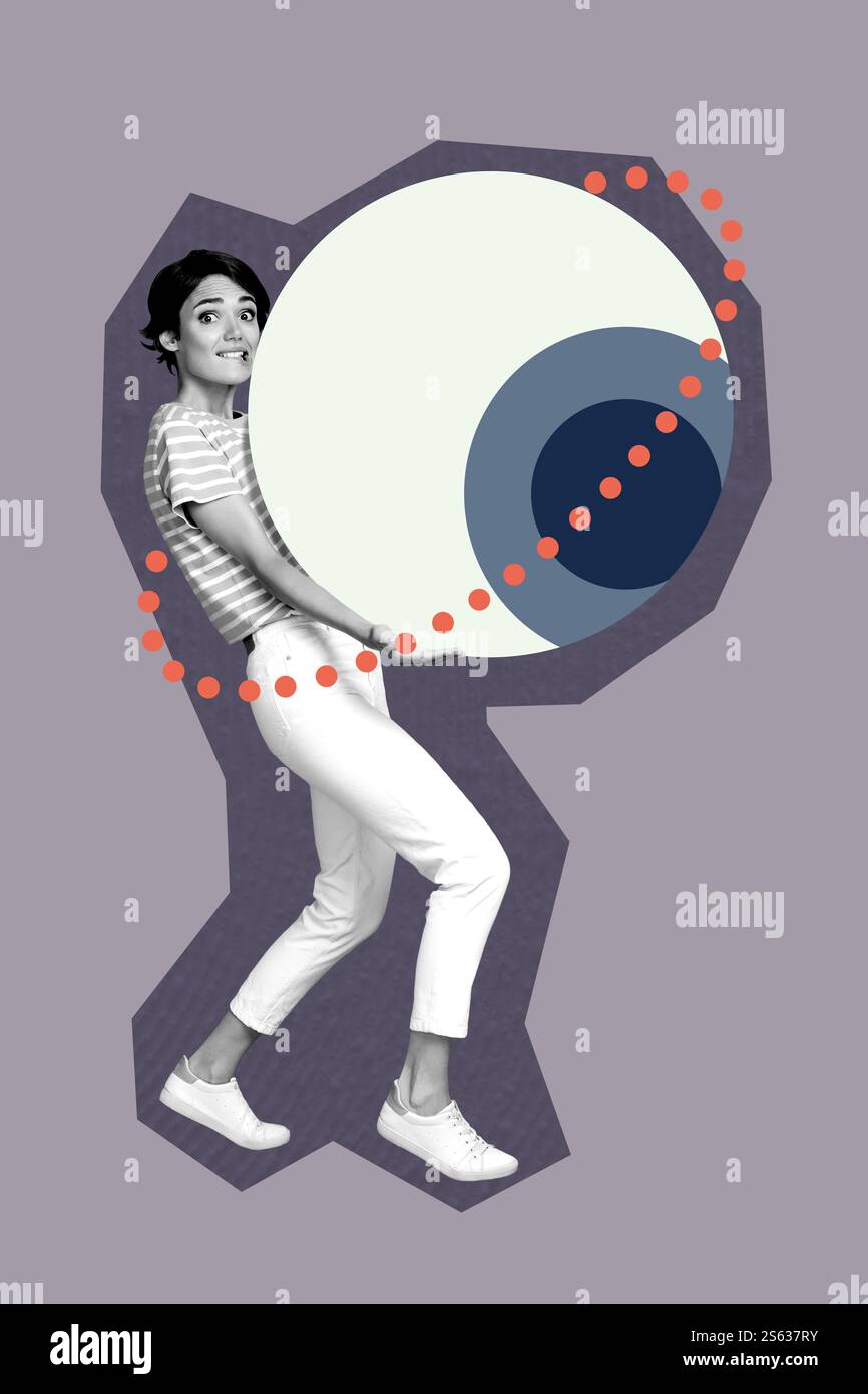 Vertical sketch 3d artwork collage poster of scared girl carry huge ...