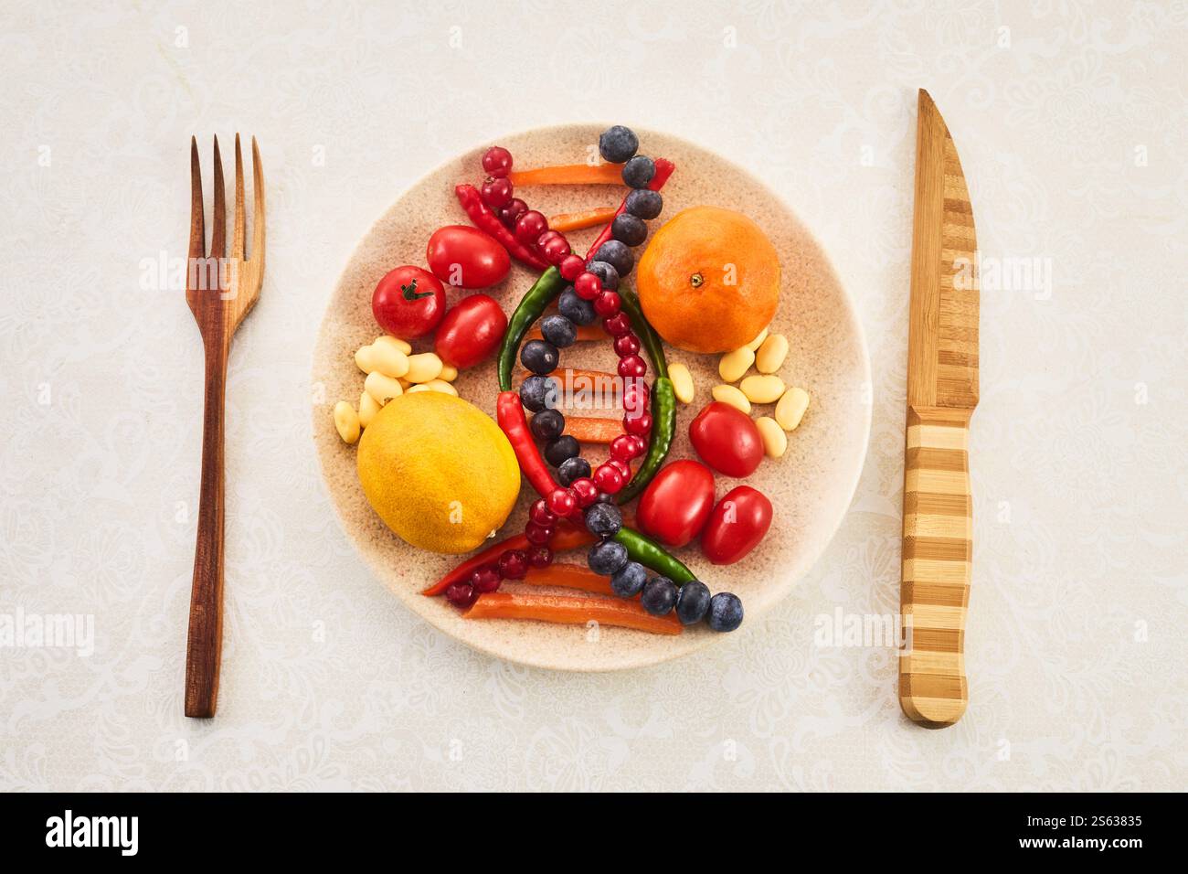 DNA food and genetically modified foods, DNA helix structure on plate ...