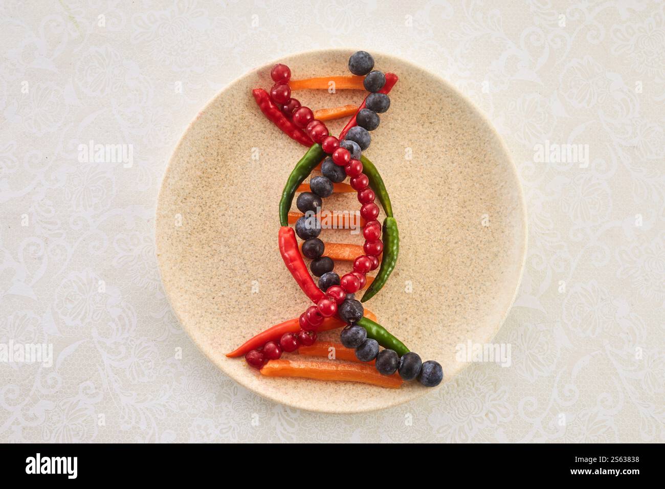 DNA food and genetically modified foods, DNA helix structure on plate ...