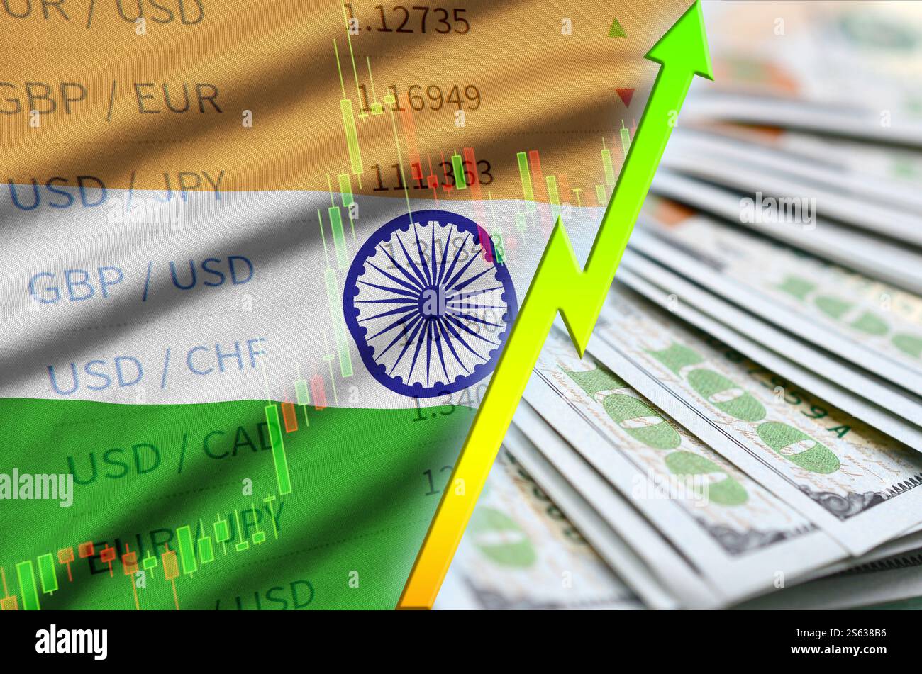 India flag and chart growing US dollar position with a fan of dollar ...