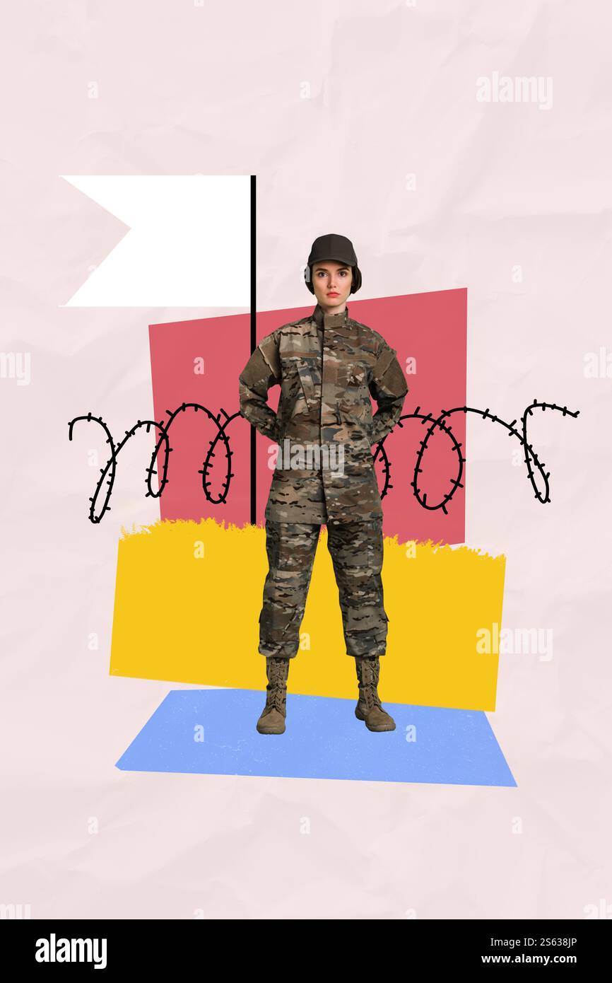 Poster image vertical photo collage of serious soldier girl wear ...