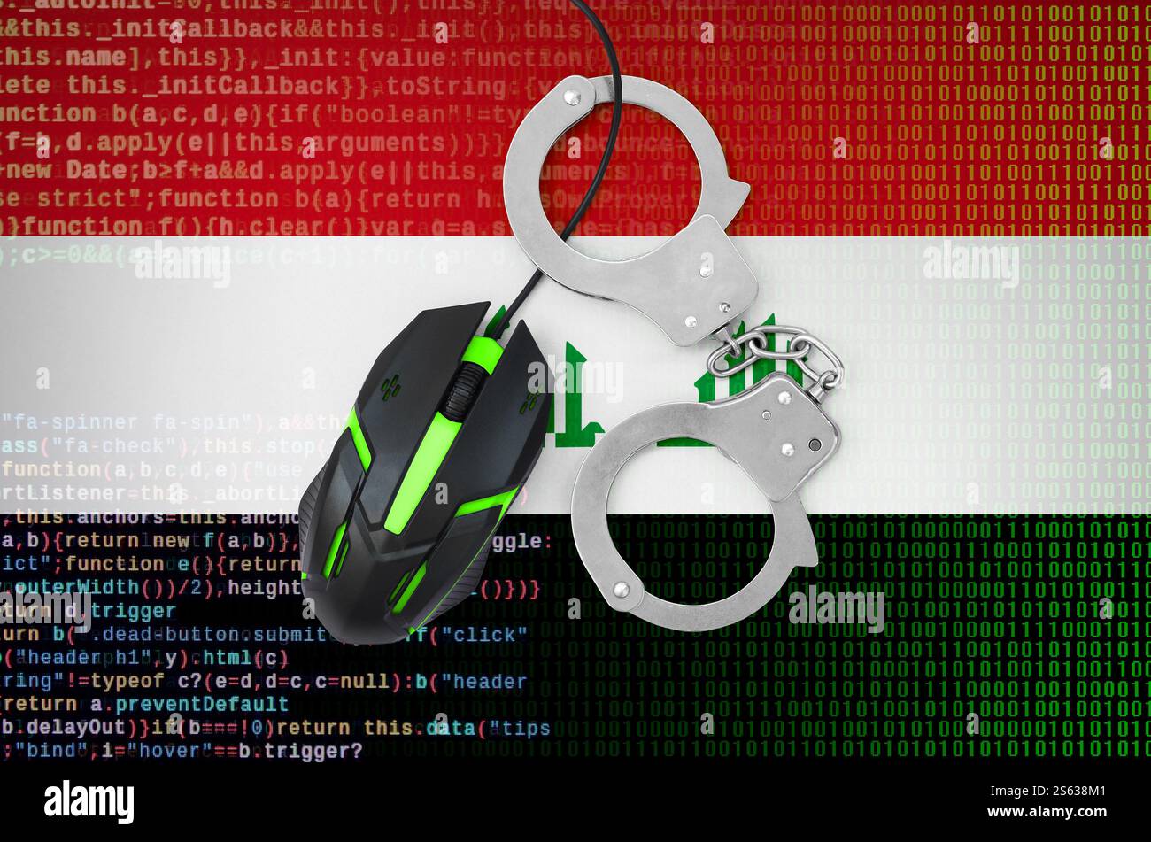 Iraq flag and handcuffed modern backlit computer mouse. Creative ...