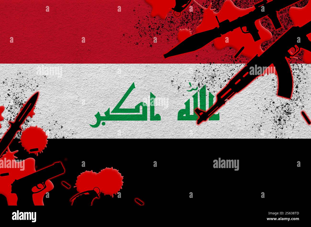 Iraq flag and various weapons in red blood. Concept for terror attack ...