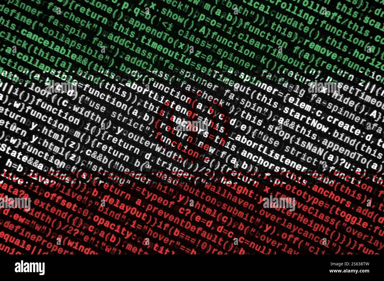 Iran flag is depicted on the screen with the program code. The concept of modern technology and ...