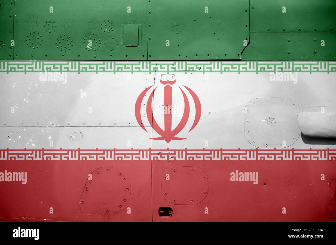 Iran flag depicted on side part of military armored helicopter close up ...