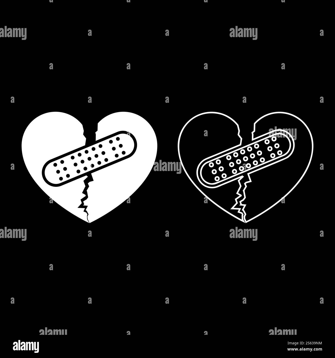 Heart with patch connecting two halves icon outline set white color ...