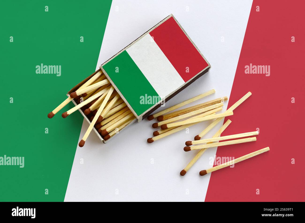 Italy flag is shown on an open matchbox, from which several matches ...