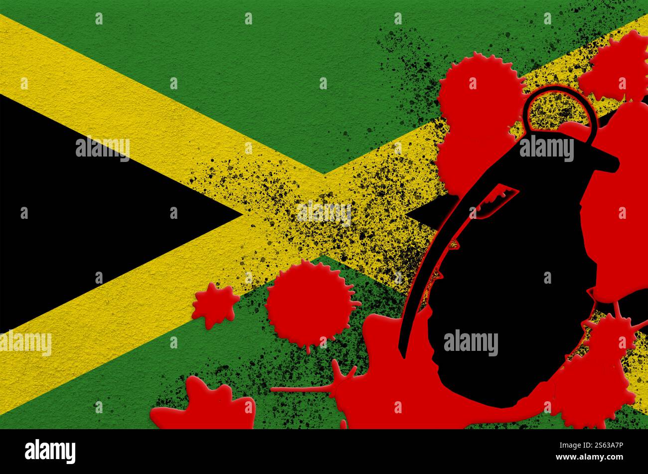 Jamaica flag and MK2 frag grenade in red blood. Concept for terror ...