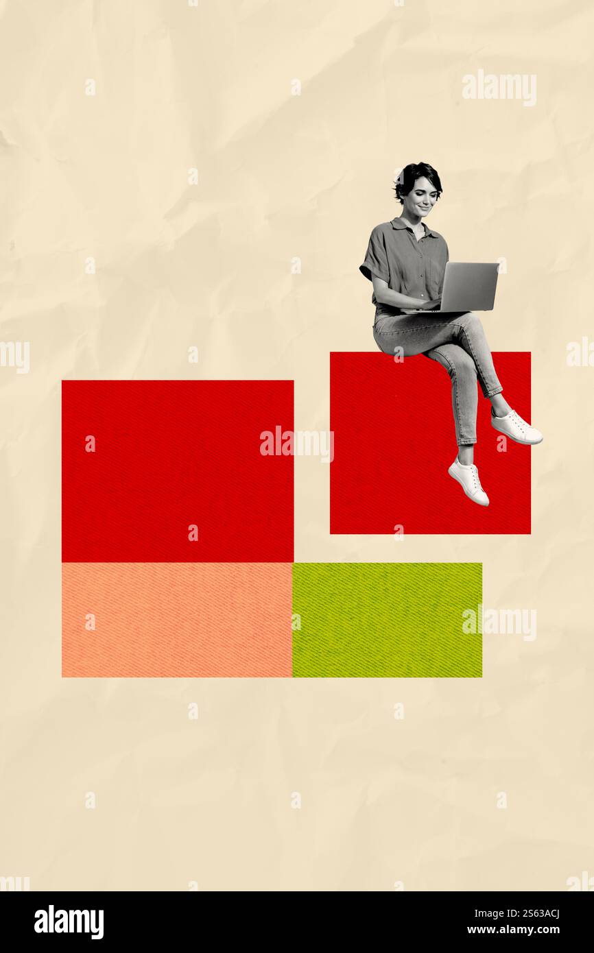 3D collage design composite trend artwork sketch of young woman sit ...