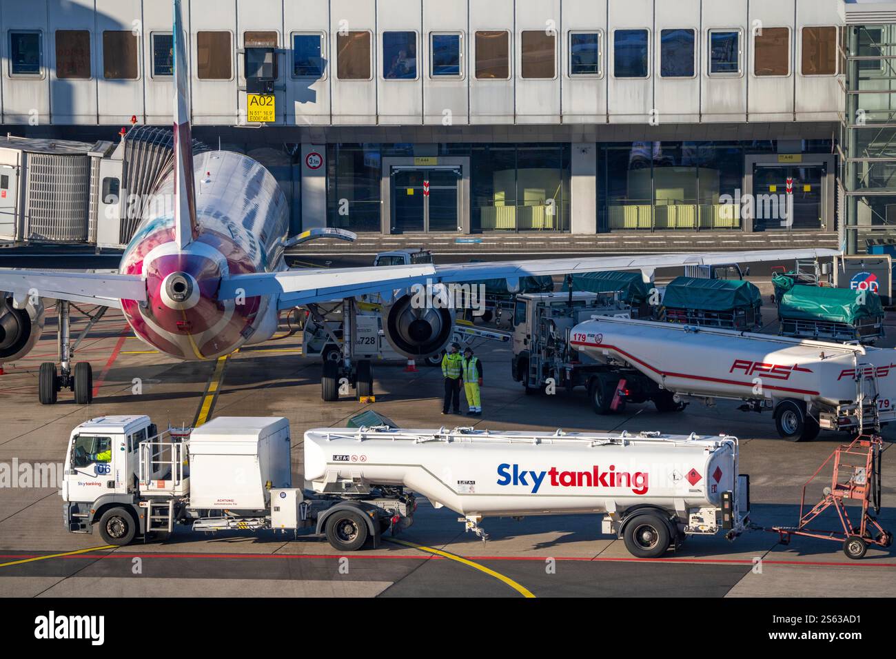 Skytanking road tanker, aviation fuel, kerosene, tanker truck at Düsseldorf Airport, DUS, North ...