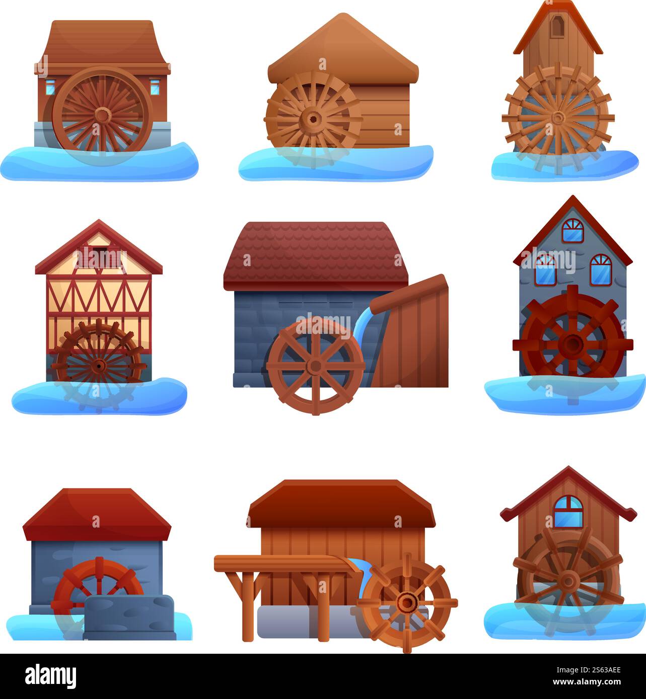 Water mill icons set. Cartoon set of water mill vector icons for web ...