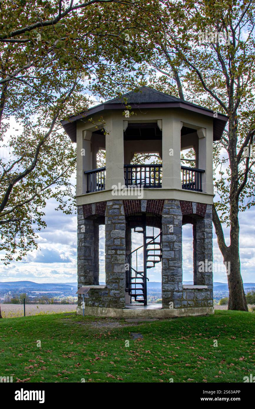 A view of Indian Tower, a charming stone and wood pavilion with a ...