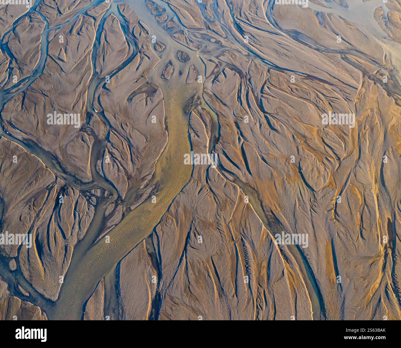 Aerial view of intricate braided river patterns in Hornafjörður, South ...