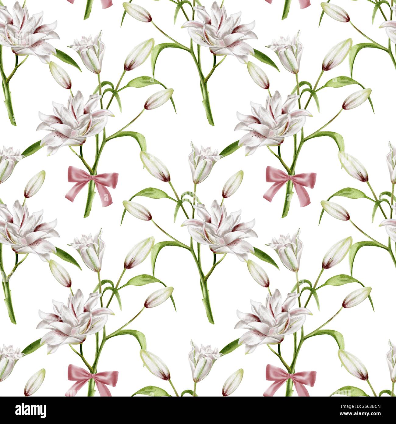 Lilies are tied with silk ribbon. Seamless pattern. Watercolor ...