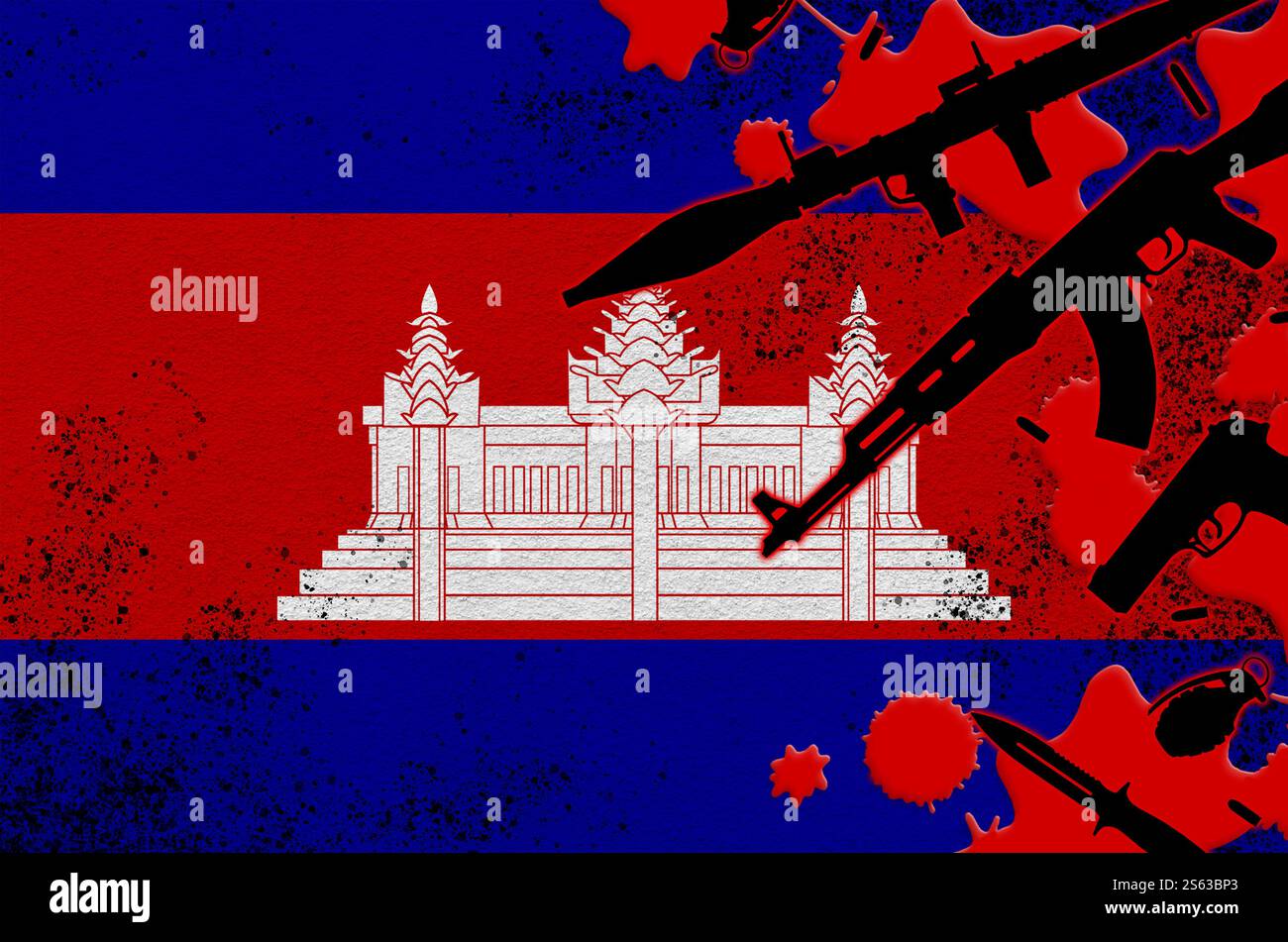 Cambodia flag and various weapons in red blood. Concept for terror ...