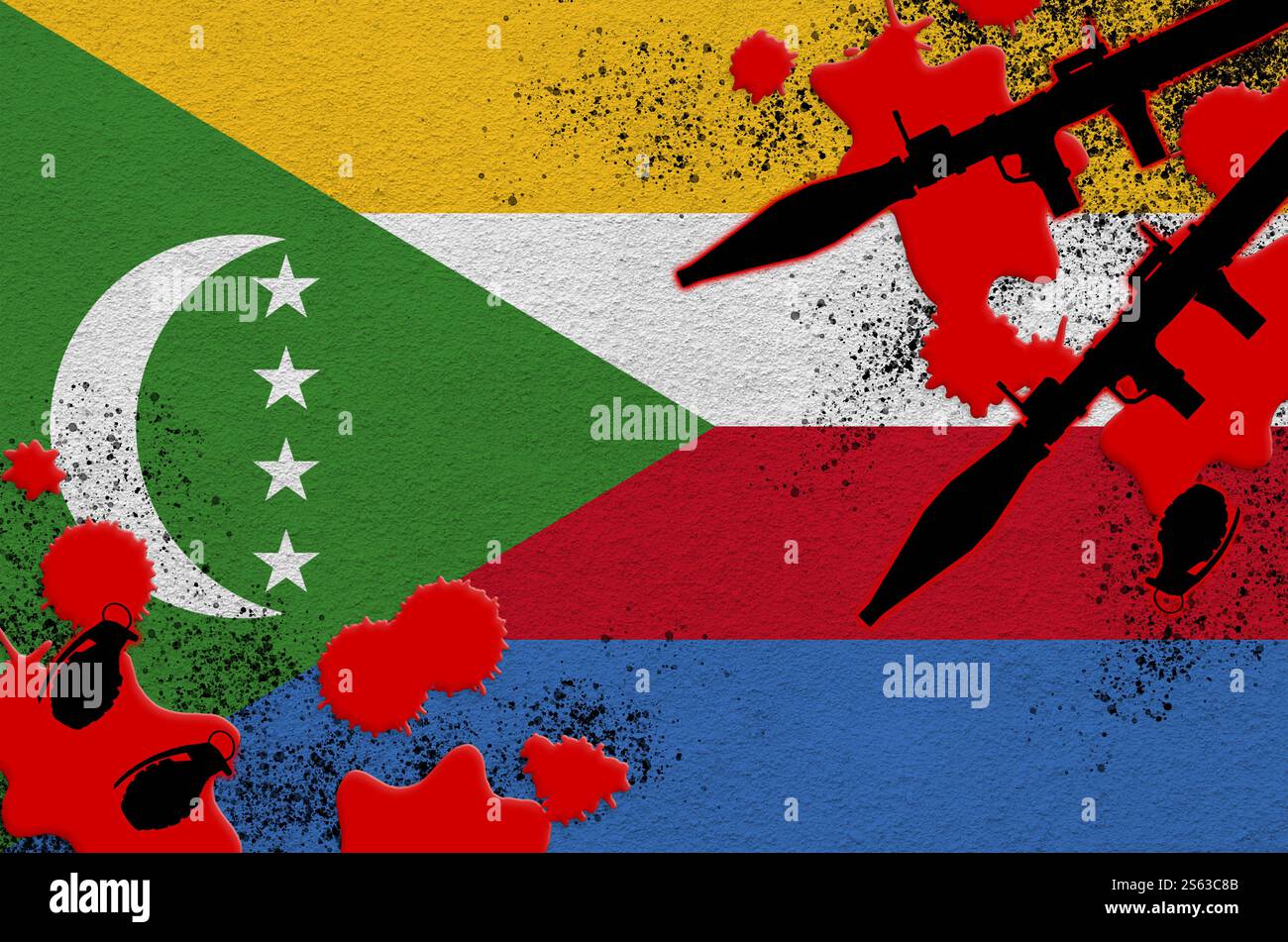 Comoros flag and rocket launchers with grenades in blood. Concept for ...