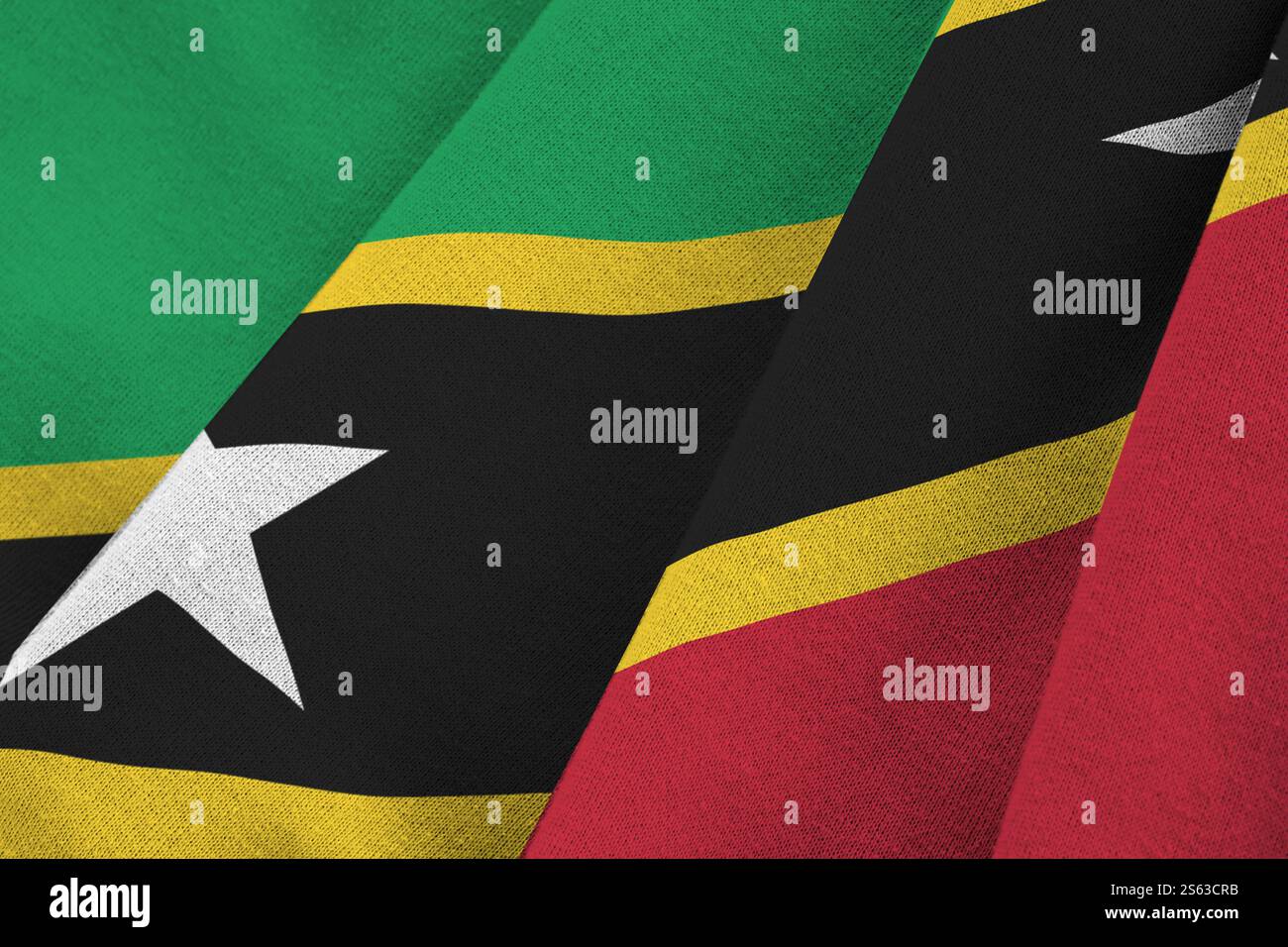 Saint Kitts and Nevis flag with big folds waving close up under the ...