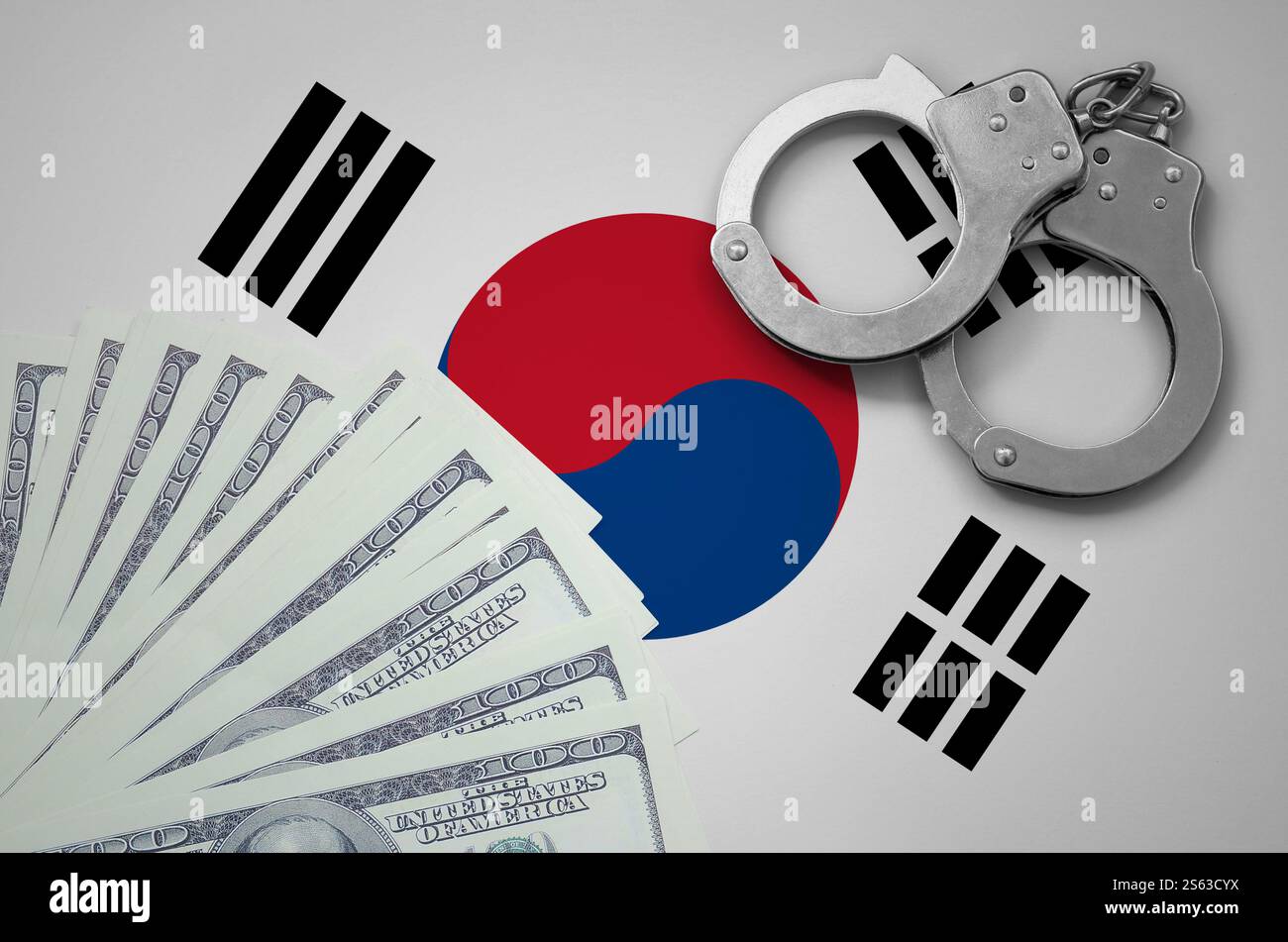 South Korea flag with handcuffs and a bundle of dollars. The concept of ...