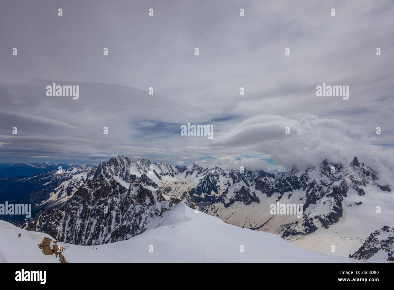 Snow mountain summits and white ice glacier in the Alps. Mont Blanc ...