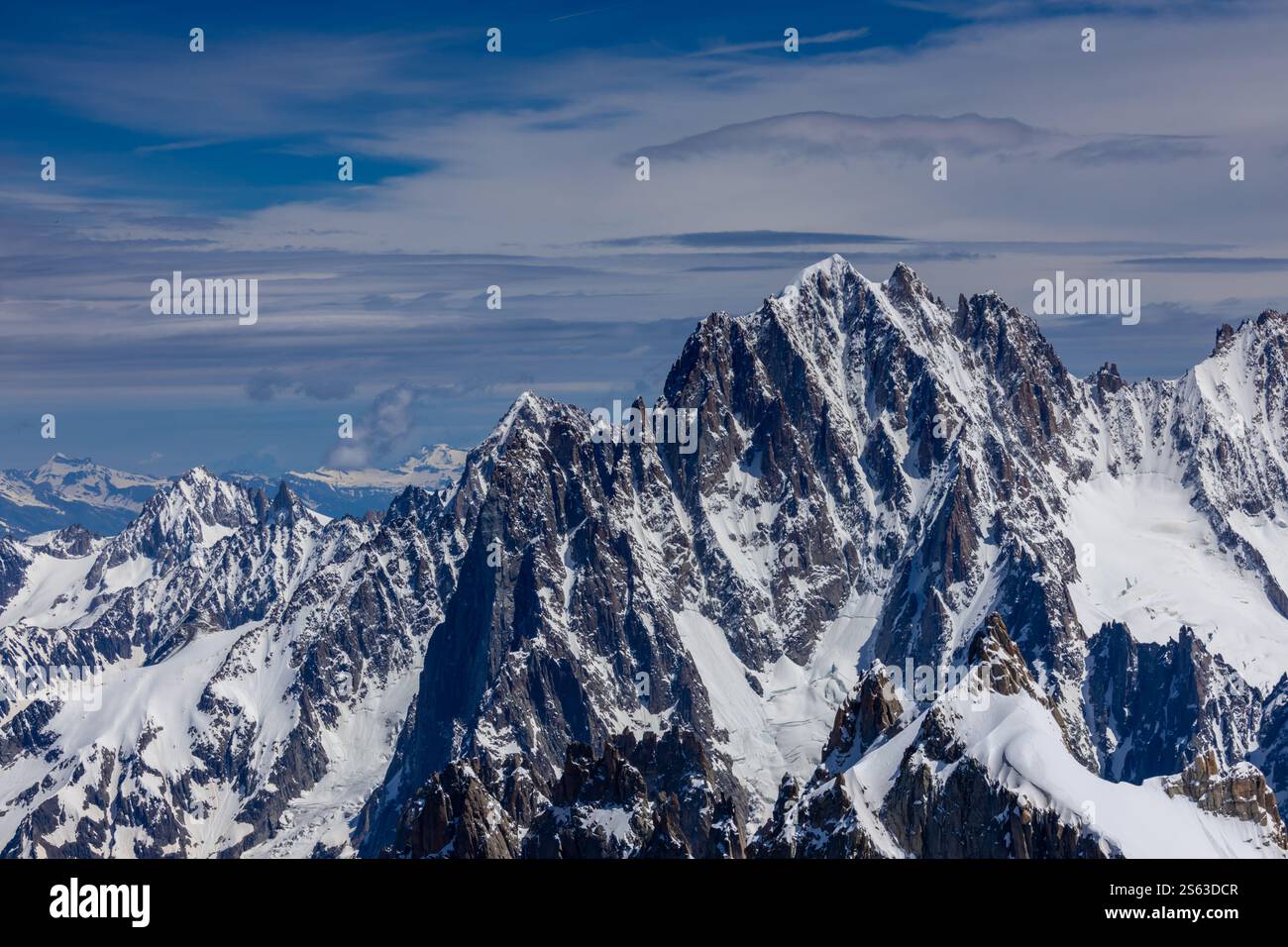 Snow mountain summits and white ice glacier in the Alps. Mont Blanc ...