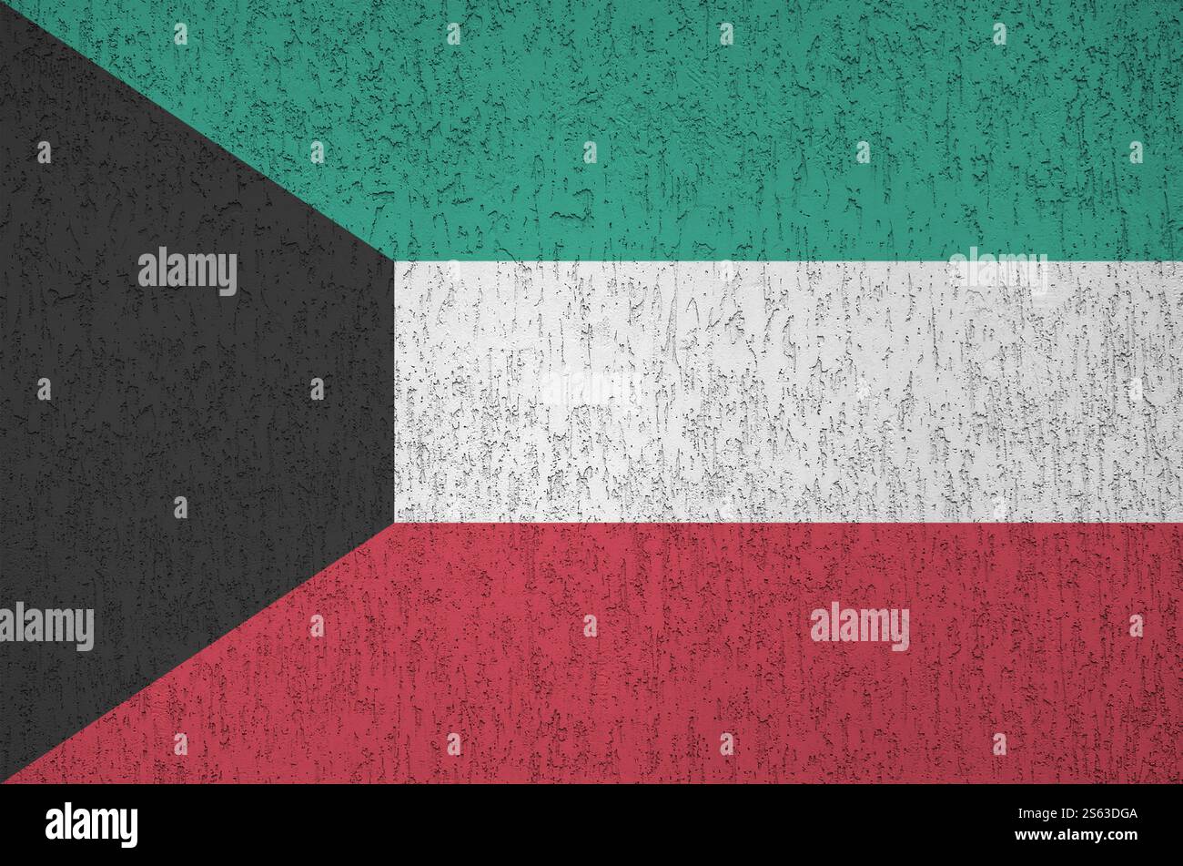 Kuwait flag depicted in bright paint colors on old relief plastering ...